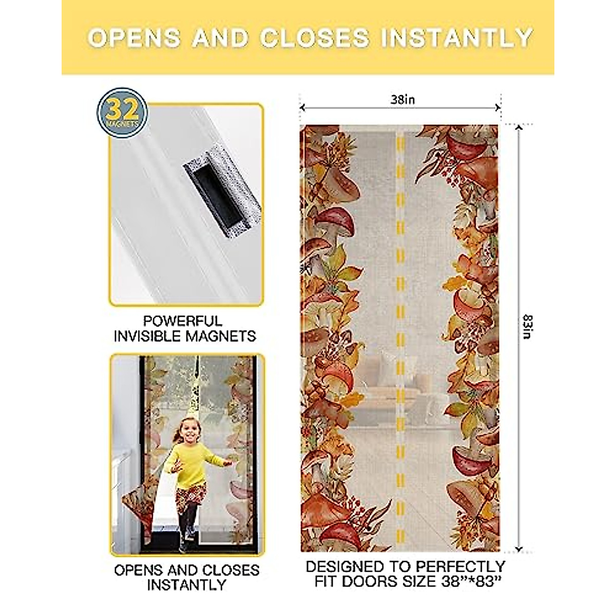 ZOE GARDEN Mushroom Magnetic Screen Door for Sliding/Single/French Doors, Self Sealing Magnets Patio Door Screen Heavy Duty Mesh Curtain, Wild Fall Maple Berry Corn Plant Burlap Autumn