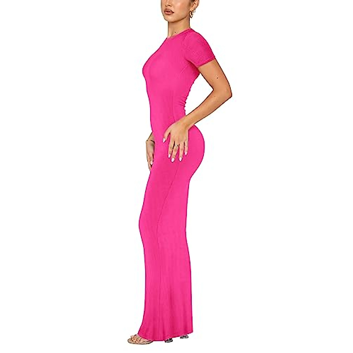 REORIA Women's Summer Sexy Casual Lounge Long Dress Elegant Wedding Guest Short Sleeve Crew Neck Bodycon Maxi Dresses Rose Red Medium