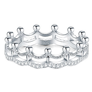 BORUO 925 Sterling Silver Ring, Cubic Zirconia Princess Crown Tiara Wedding Cz Band Eternity Ring Size 8
