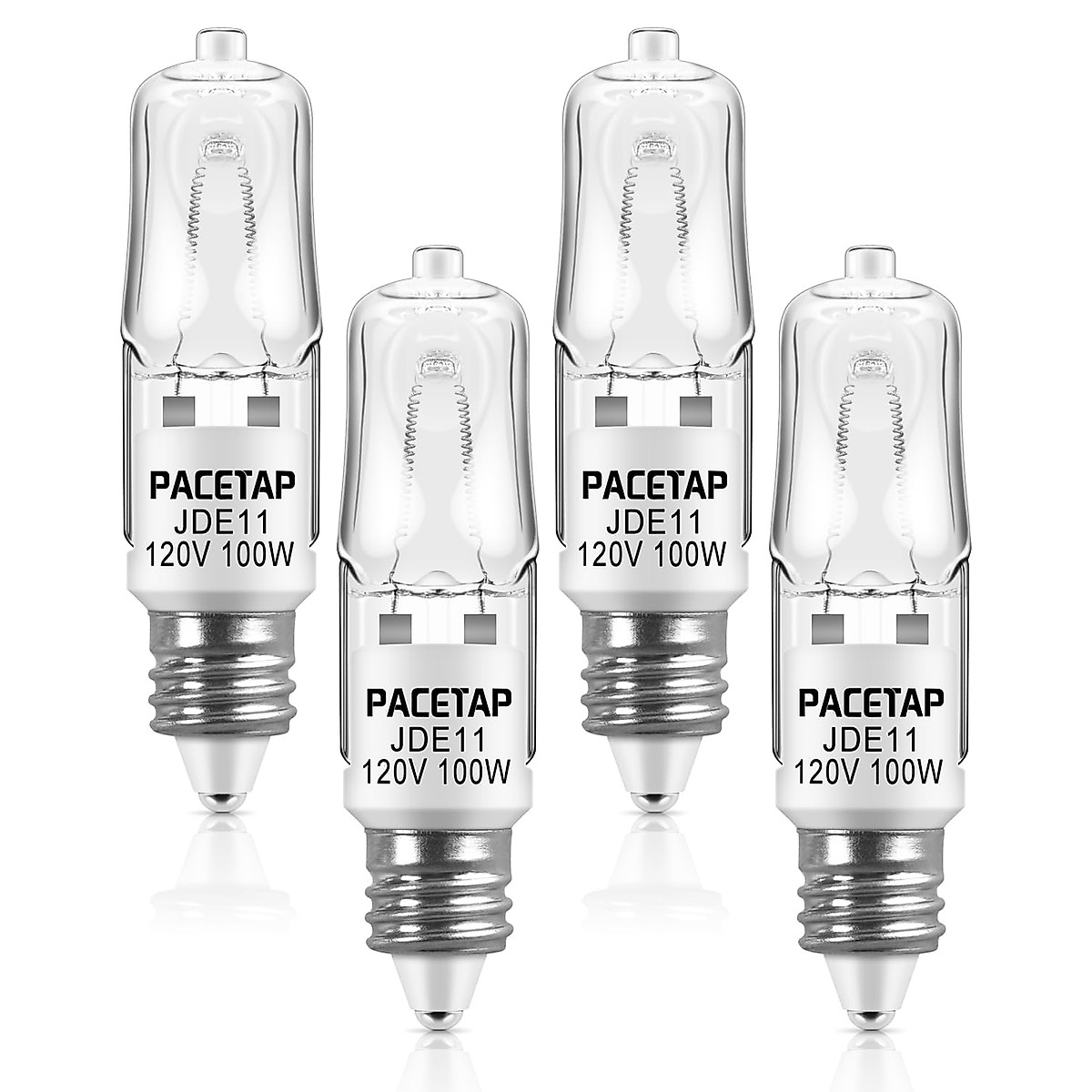 PACETAP 100W JDE11 120V Halogen Light Bulbs, 1200lm 2800K Warm White Dimmable Bulbs with E11 Mini Candelabra Base for Chandeliers, Ceiling Fan, Table Lamps, Cabinet Lighting (4)