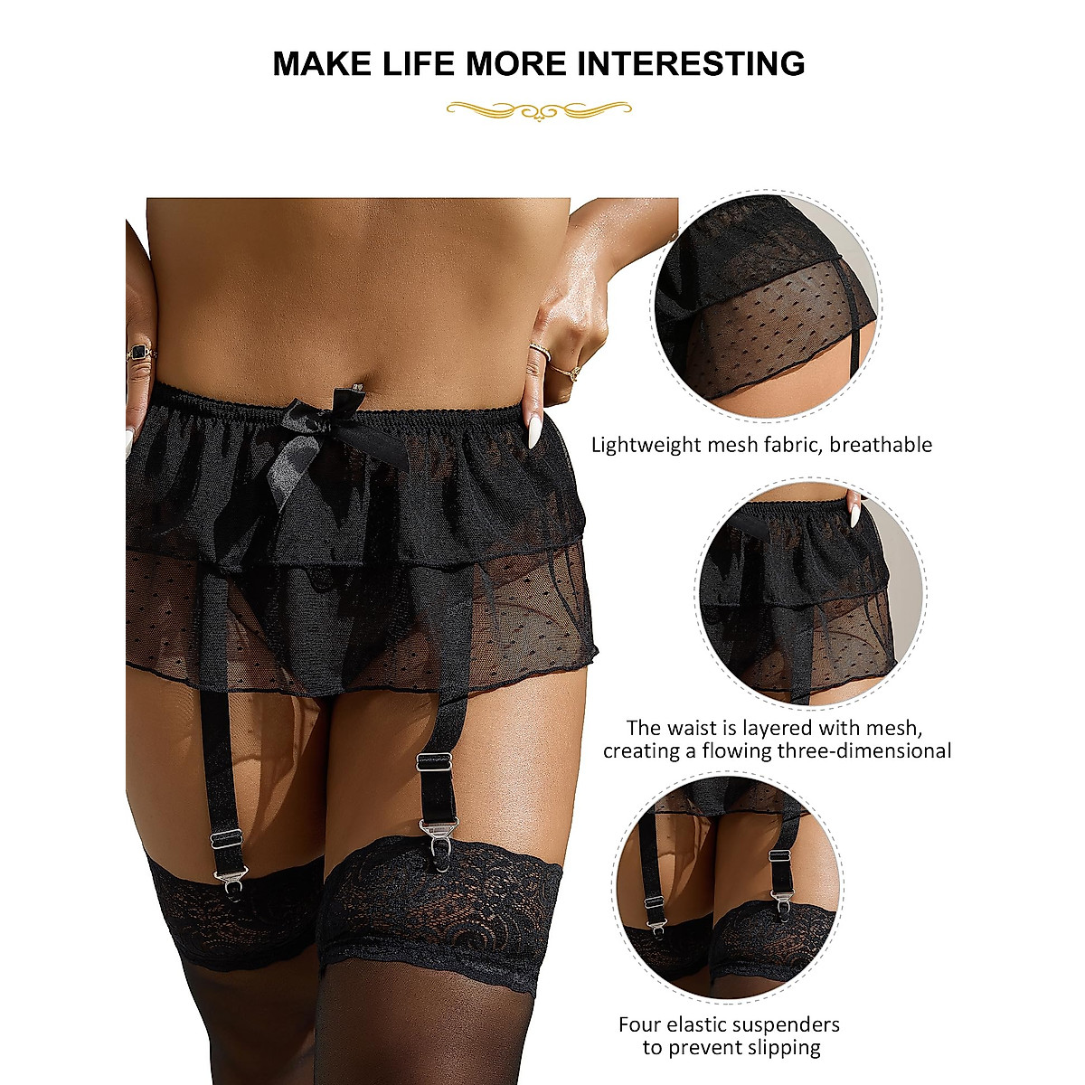 ohmydear Women Lace Mesh Garter Belts Plus Size Suspender Belt Garter Skirt for Thigh Highs Stockings Black XL-2XL