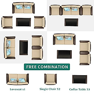 YITAHOME 5 Piece Patio Furniture Sets, All-Weather Outdoor Patio Conversation Set, PE Rattan Wicker Small Sectional Patio Sofa Set with Table, Brown