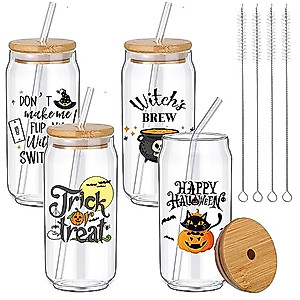 Umigy 4 Set Halloween Glass Cups with Lids Straws Brushes Halloween Decorations Drinking Glasses, Funny Witch Ghost Pumpkin 16oz Can Shaped Beer Glass Trick or Treat Gift for Women Kids Men (Cute)