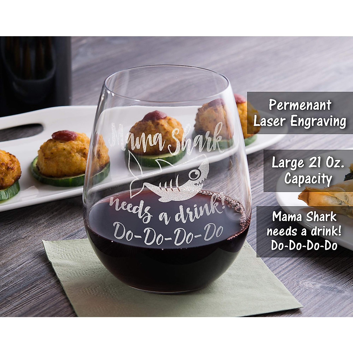 Custom-Engraved-Glasses-by-StockingFactory Mama Shark Needs a Drink Do Do Novelty Stemless Wine Glass First Mother's Day from Daughter, Son Funny Sayings for New Mom, Wife, Baby Shower