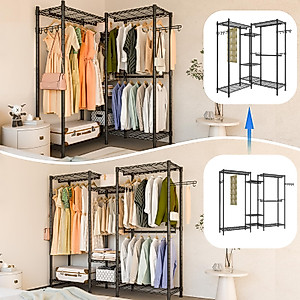 Exglobol Heavy Duty Garment Rack, Portable Wardrobe Clothes Rack Freestanding Adjustable Clothing Rack with 7 Tiers Adjustable Wire Shelving and 4 Hanger Rods, Black