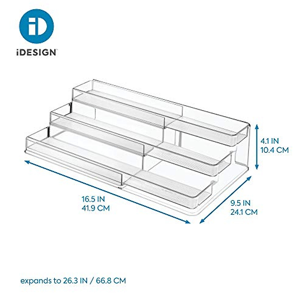 iDesign 64140 iDesign Linus Plastic Expandable Multi-Level Spice Rack, 3-Tiered Customizable Organizer for Kitchen, Bathroom, Office Cabinet and Countertop, 26.29" x 9.50" x 4.11" extended, Clear