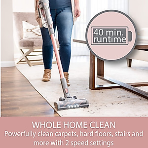 Kenmore DS4090 Brushless Cordless Stick 1L Capacity Lightweight Cleaner 2-Speed Power Suction LED Headlight 2-in-1 Handheld Vacuum for Hardwood Floor, Carpet & Pet Hair, Rose Gold
