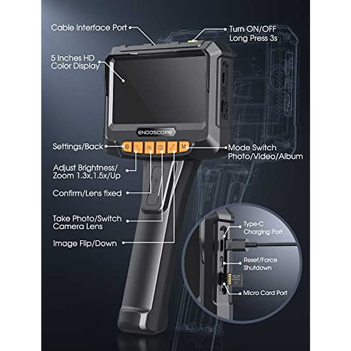 Endoscope Camera with Light, Inspection Camera with 5" IPS Screen, Endoscope with 32GB TF Card, 16.4ft Semi-Rigid Cable Borescope with Dual Lens, IP67 Waterproof LED Lights, Hardshell Case (Orange)