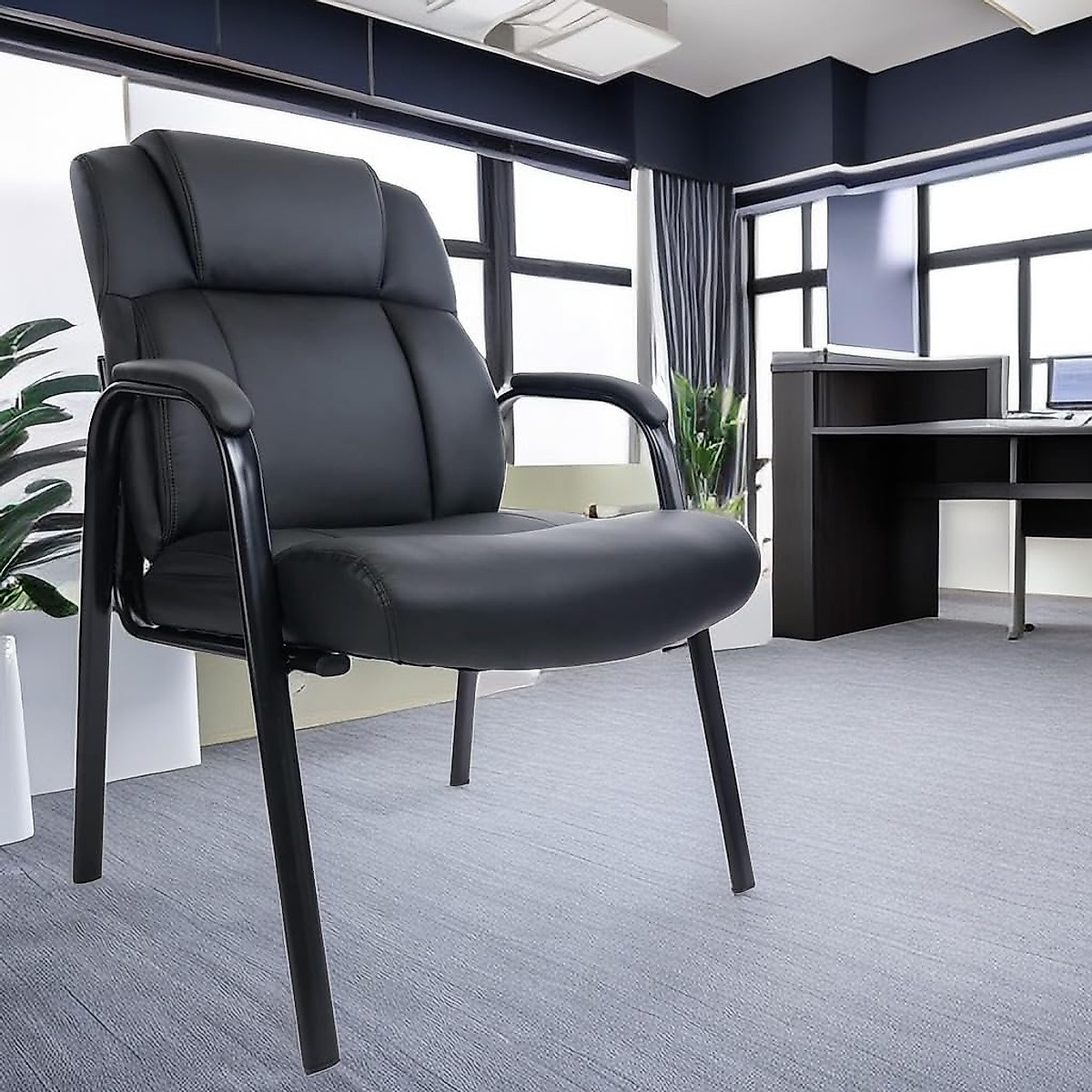 CLATINA Big and Tall Office Chair 400lbs Leather Reception Chair with Bonded Padded Armrest Wide Seat Desk Chair No Wheels for Reception Conference Waiting Room Side Office Home Black