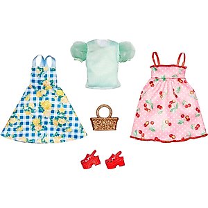 Barbie Fashions 2-Pack Clothing Set, 2 Outfits for Barbie Doll Include 2 Picnic-Themed Dresses & 2 Accessories Including Basket