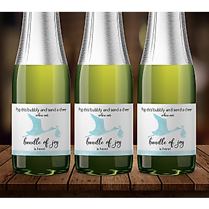 BABY BOY Baby Shower Mini Champagne Labels - She’s About To POP Mini Champagne Bottle Labels ● SET of 12 ● Thank You for Celebrating with us - Blue Stork Bundle of Joy Favors WATERPROOF M101-STORK-12