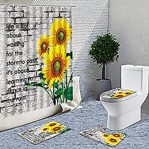 AXISRC Sunflower Flower Wall Brick Pattern Background Shower Curtain 4Pcs Sets Plank Plant Flower Printing Bath Mats Rugs Toilet Carpet 71x71inches