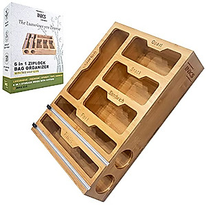 INKS Bamboo Ziplock Bag Organizer for Drawer, 6 in 1 Aluminum Foil and Plastic Wrap Dispenser With Cutter, Ziplock Baggie Kitchen Organization Storage Suitable for Food Gallon-Quart-Sandwich-Snack-Bag