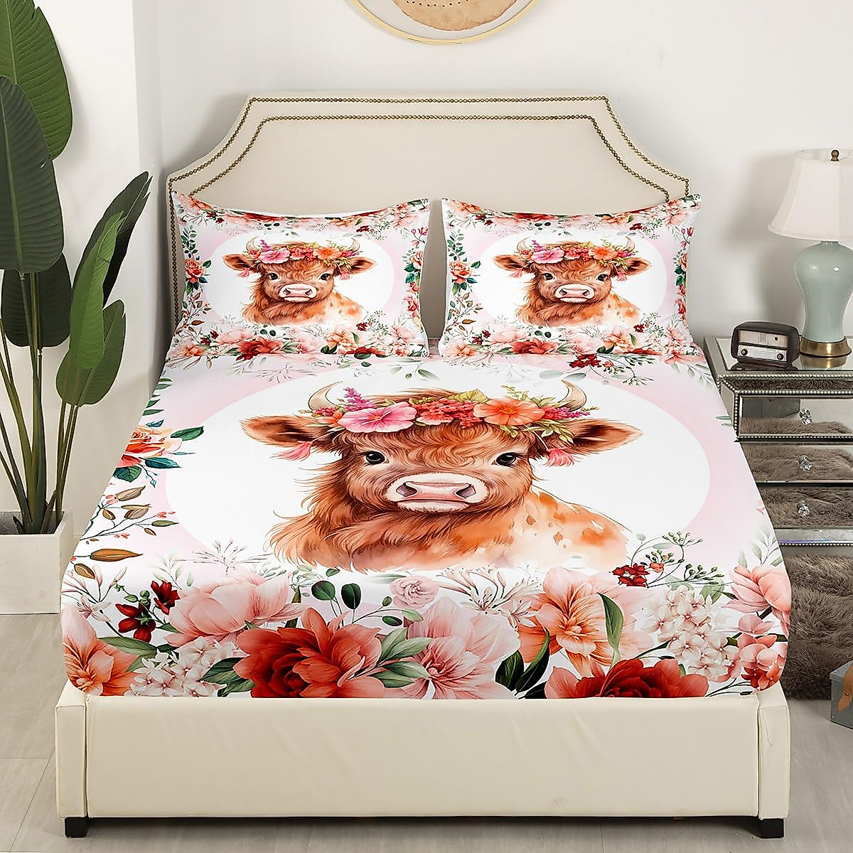 Feelyou Cute Highland Cow Fitted Sheet Twin Size Kids Cartoon Animal Bedding Set for Boys Girls Teens Flower Floral Print Bed Sheet Set Farm Zoo Garden Theme Bed Cover Deep Pocket Room Decor