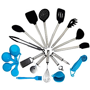 Kitchen Cooking Utensils Set Silicone with Stainless Steel handle Includes Cooking Spoon Spatula Tong Turner Whisk Ladle For Nonstick Cookware Dishwasher Safe BPA-Free