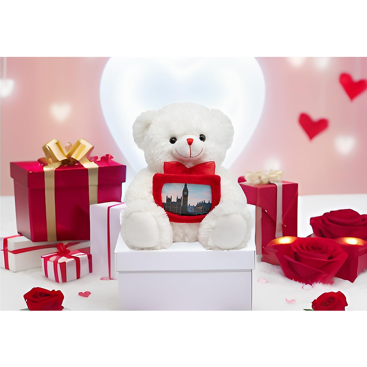 HollyHOME Teddy Bear Stuffed Animal Plush Bear with Red Bow Holding a Picture Frame Soft Plush Toy Christmas Valentine's Day Gift 12 Inches White