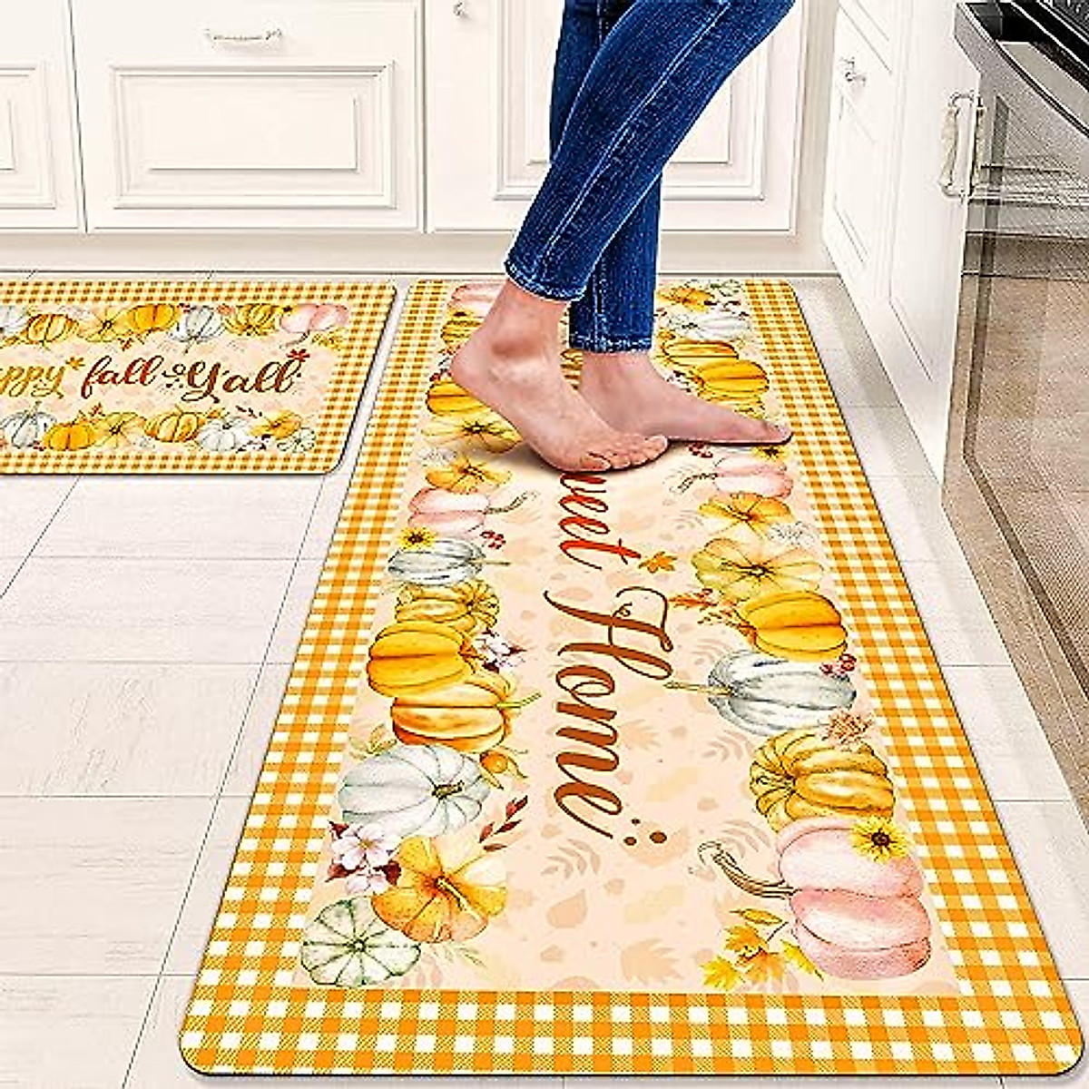 Fall Kitchen Mats, Happy Fall Yall Kitchen Rugs for floor Set of 2, Pumpkins Kitchen Rugs and Mats Non Slip, Autumn Leaves Sunflower Home Sweet Home Decor Gifts for Office Laundry, 17x29+17x47 Inch