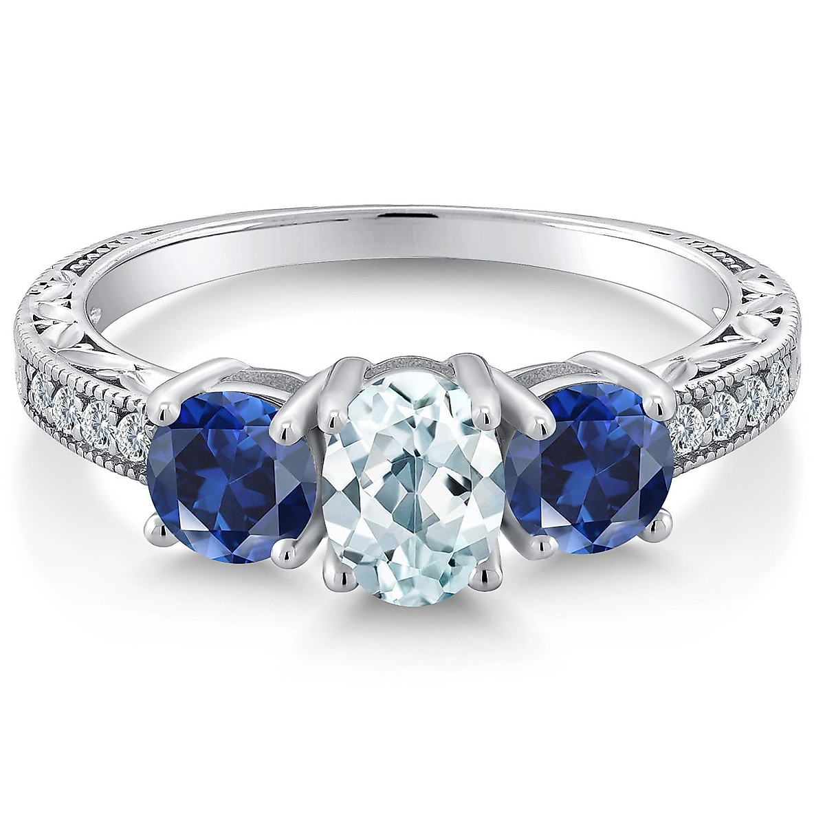 Gem Stone King 925 Sterling Silver Sky Blue Aquamarine and Blue Created Sapphire Women Ring (2.07 Cttw, Gemstone Birthstone, Available In Size 5, 6, 7, 8, 9)