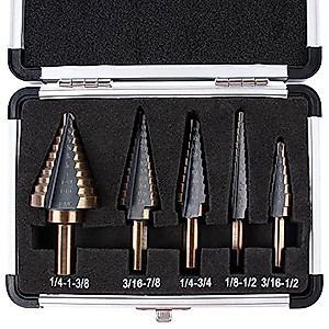Zhushan 5pcs Step Drill Bit Set,High Speed Step Drill Bit, HSS Cobalt Multiple Hole 50 Sizes Titanium Step Drill Bit with Aluminum Case