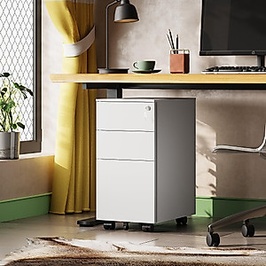 DEVAISE White File Cabinet, Small Filing Cabinet with 3 Drawers with Slim Width for Home Office, Rolling Under Desk Cabinet (11.8 inch)