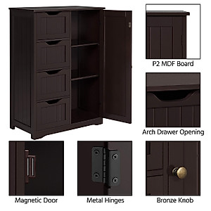 Yaheetech Wooden Bathroom Floor Cabinet, Side Storage Organizer Cabinet with 4 Drawers and 1 Cupboard, Freestanding Entryway Storage Unit Console Table, Home Decor Furniture, Brown