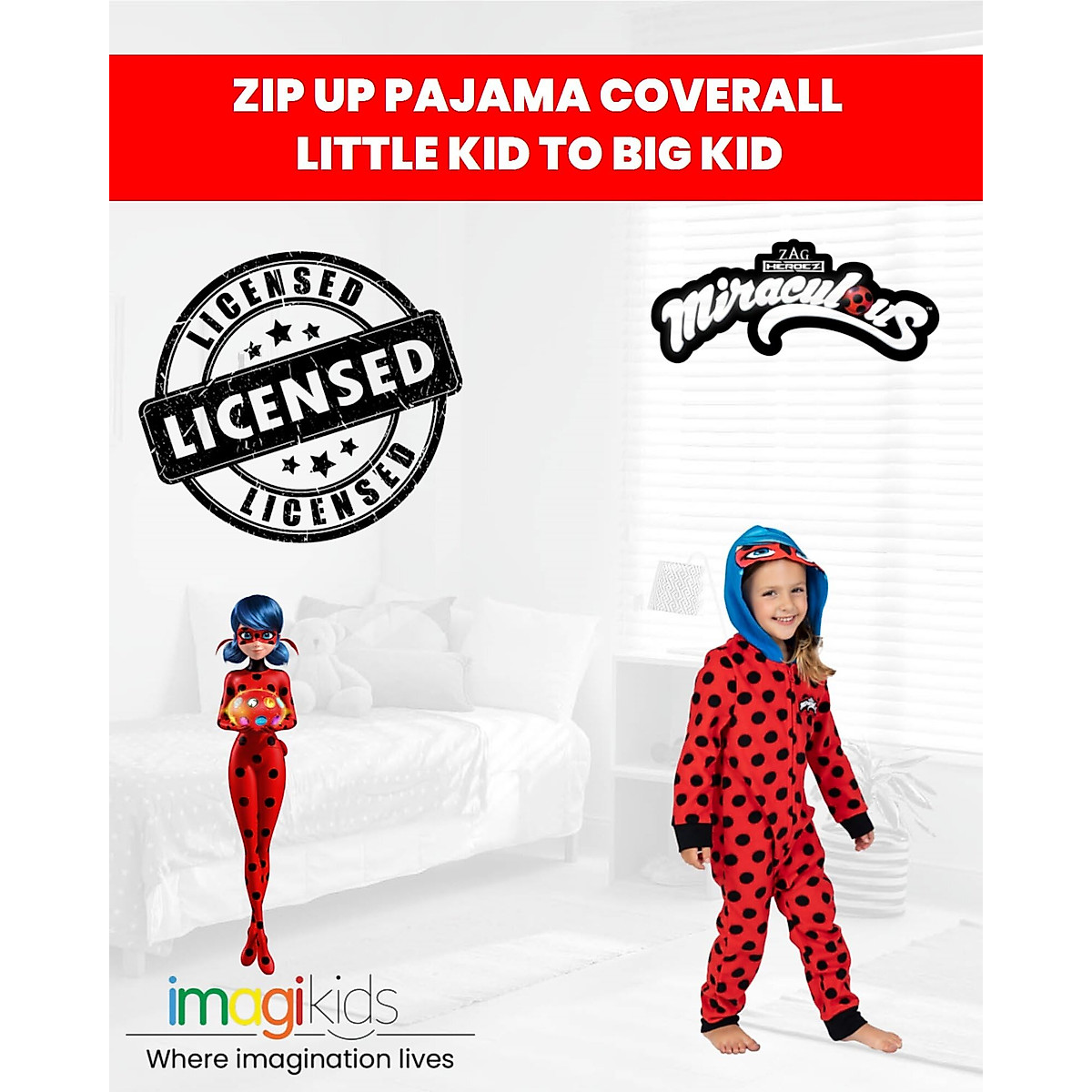 Miraculous Ladybug Big Girls Zip-Up Costume Onesie Pajama Coveralls Red 14-16