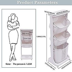 3-Layer Clothes Storage Basket, Laundry Basket, Multi-Layer Rolling Laundry Cart with Wheels, 360° Rolling Laundry Basket Bathroom, Laundry Washing Hampers Basket Shelf Cart for Bathroom/Bedroom