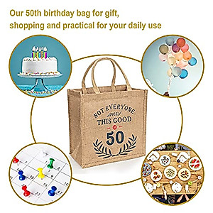 CQNET 50th Birthday Keepsake Gift Bag for Women, Novelty Jute Cotton Tote Giftable Present Bag for Mom, Wife or Friend, Beige, Medium