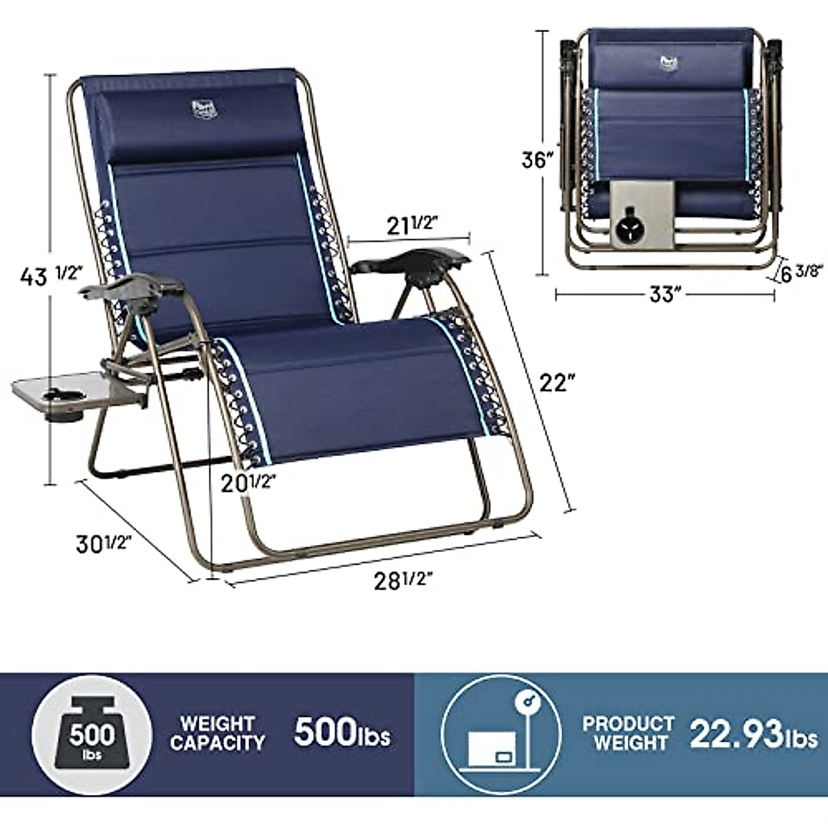 TIMBER RIDGE 33In Wide XXL Zero Gravity Reclining Side Table Full Padded Lounge Chair for Outdoor Camping Patio Lawn, Heavy Duty Supports 500lbs, Blue