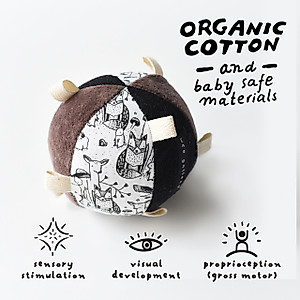 Wee Gallery, Taggy Ball with Rattle - Developmental Activity for Babies - Visual Stimulation, Motor Skills, Soft Interactive Sensory Toy for Infant Play (Woodland Theme)