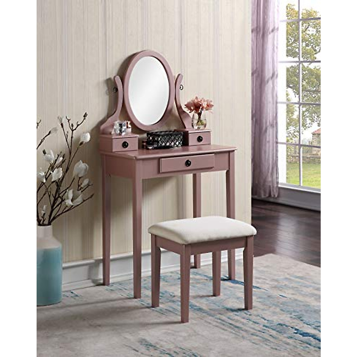 Roundhill Furniture Moniys Wood Moniya Makeup Vanity Table and Stool Set, Rose Gold