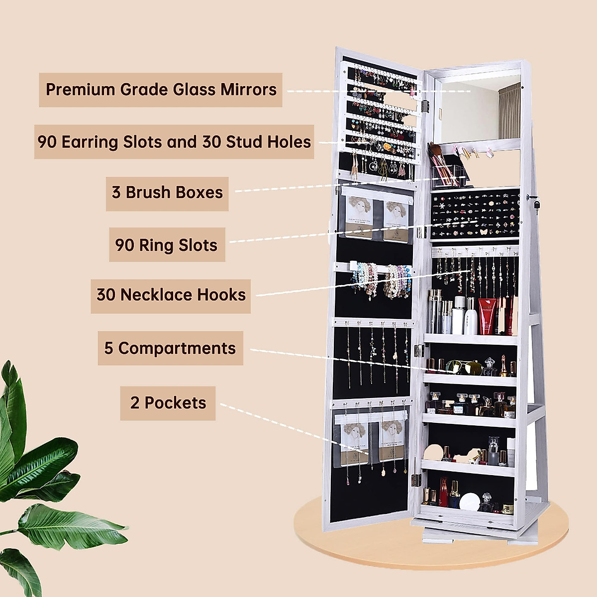 Wellynap Mirror Jewelry Cabinet, 360° Rotatable Full Length Mirror Stand, Lockable Jewelry Organizer Armoire with Back Storage Shelves for Bedroom, Cloakroom, White