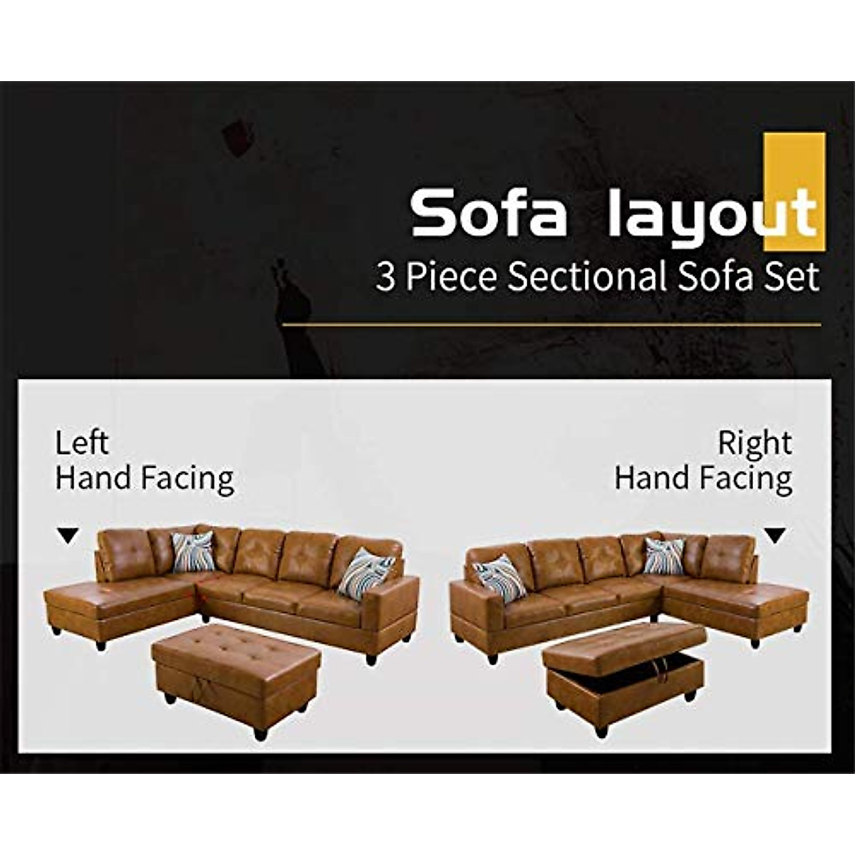 A Ainehome L-Shape Sectional Sofa Set, Ginger, Right Hand Facing, Tufted Leather, Storage Ottoman, Toss Pillows