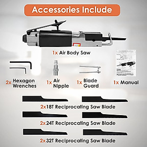 SHANTRA Air Body Saw Pneumatic Tool, Mini Reciprocating Saw for Metal, Lock Out Lever, Saber Saw with 6pcs 18T, 24T, 32T Saw Blades