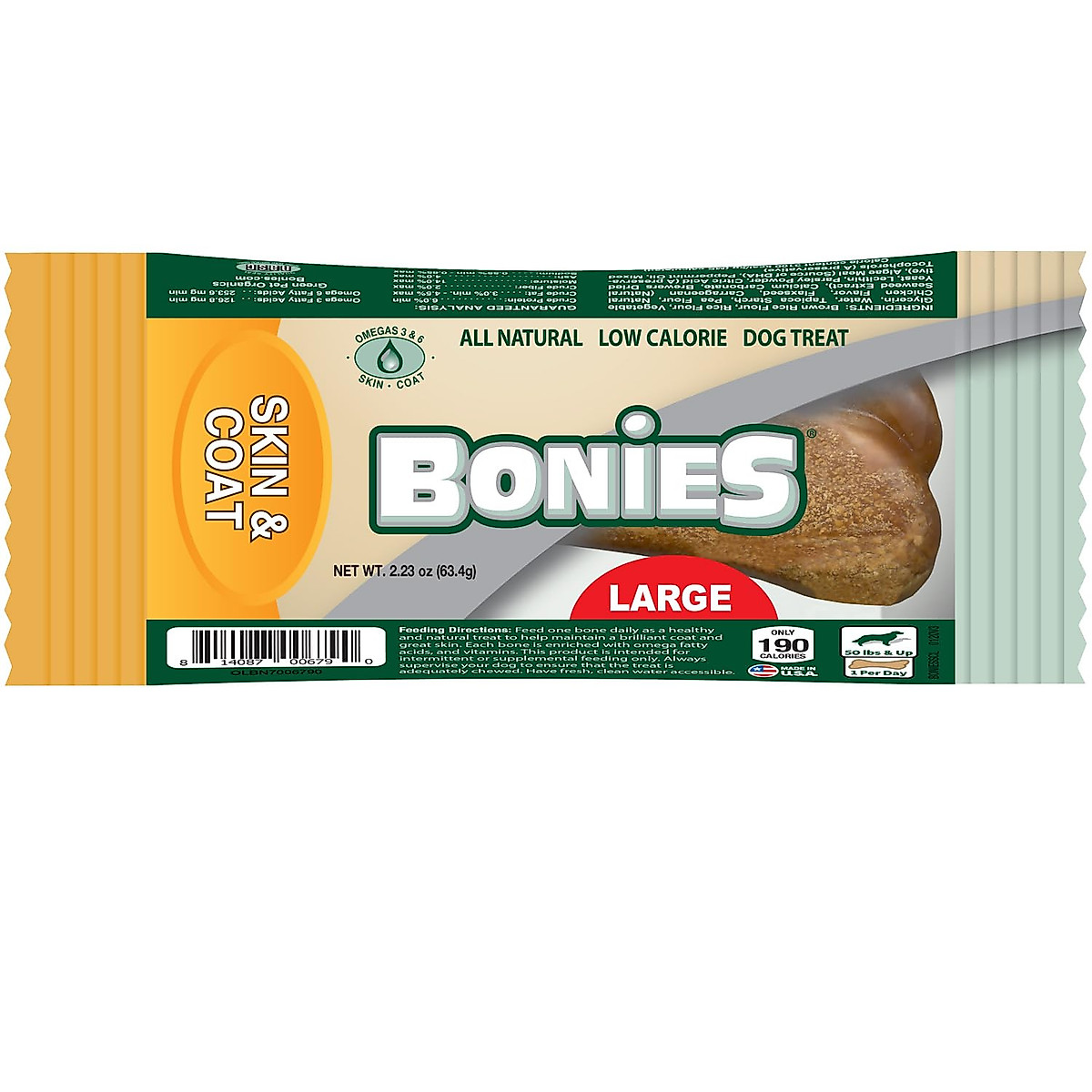 Bonies Natural Skin & Coat Formula Large-Sized Single Bone - Promote Silky Coat & Healthy Skin, Healthy Teeth & Fresh Breath, Low Calories - Chicken Flavor, 1 Bone