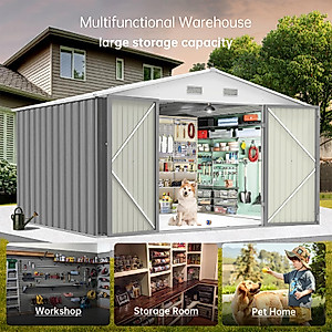 10x8 FT Metal Outdoor Storage Shed, Zstar Steel Utility Tool Shed Storage House with Lockable Door Design, Metal Sheds Outdoor Storage for Garden, Patio, Backyard, Outside Use, Grey