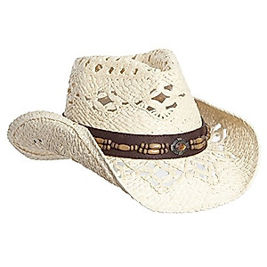 Vamuss Straw Cowboy Hat W/Vegan Leather Band & Beads, Shapeable Brim (Natural Ivory)