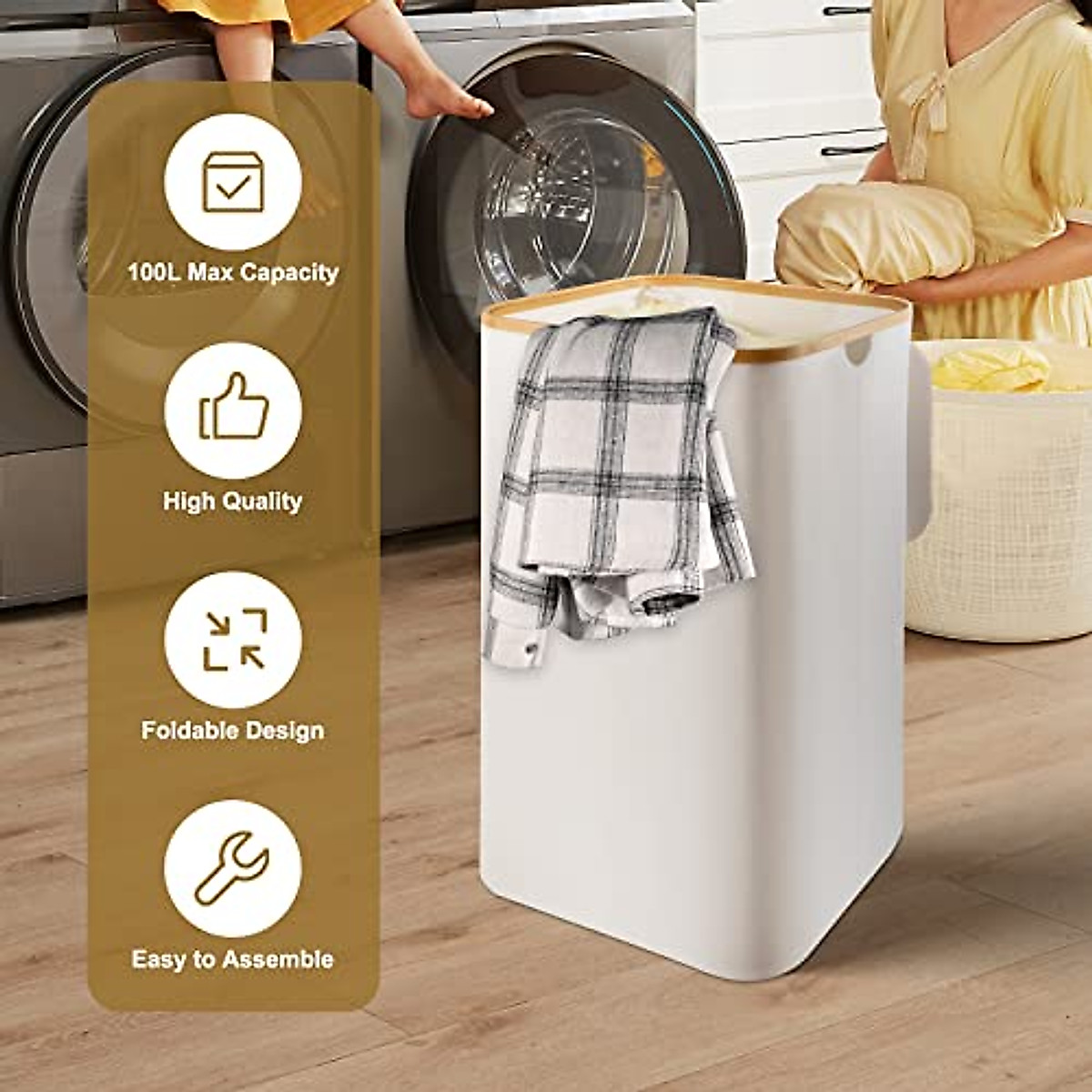 Large Laundry Basket with Lid - 100L Tall Laundry Basket Organizer, Foldable Dirty Clothes Hamper with Handles, Collapsible Laundry Hamper with Waterproof Removable Bag for Bedroom