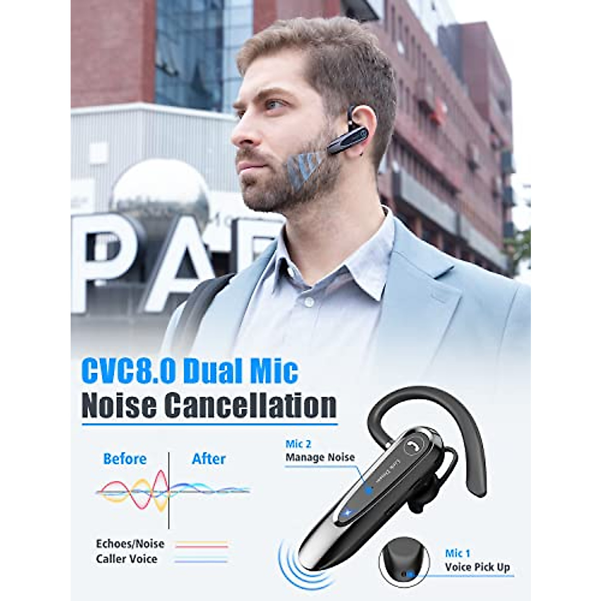 Link Dream Bluetooth Earpiece Wireless CVC8.0 Headset for Cell Phone Dual Mic Noise Canceling Handsfree Phone Earpiece with Mute 20Hrs Talk Time 180 Days Standby for iPhone Android Home Office Driving