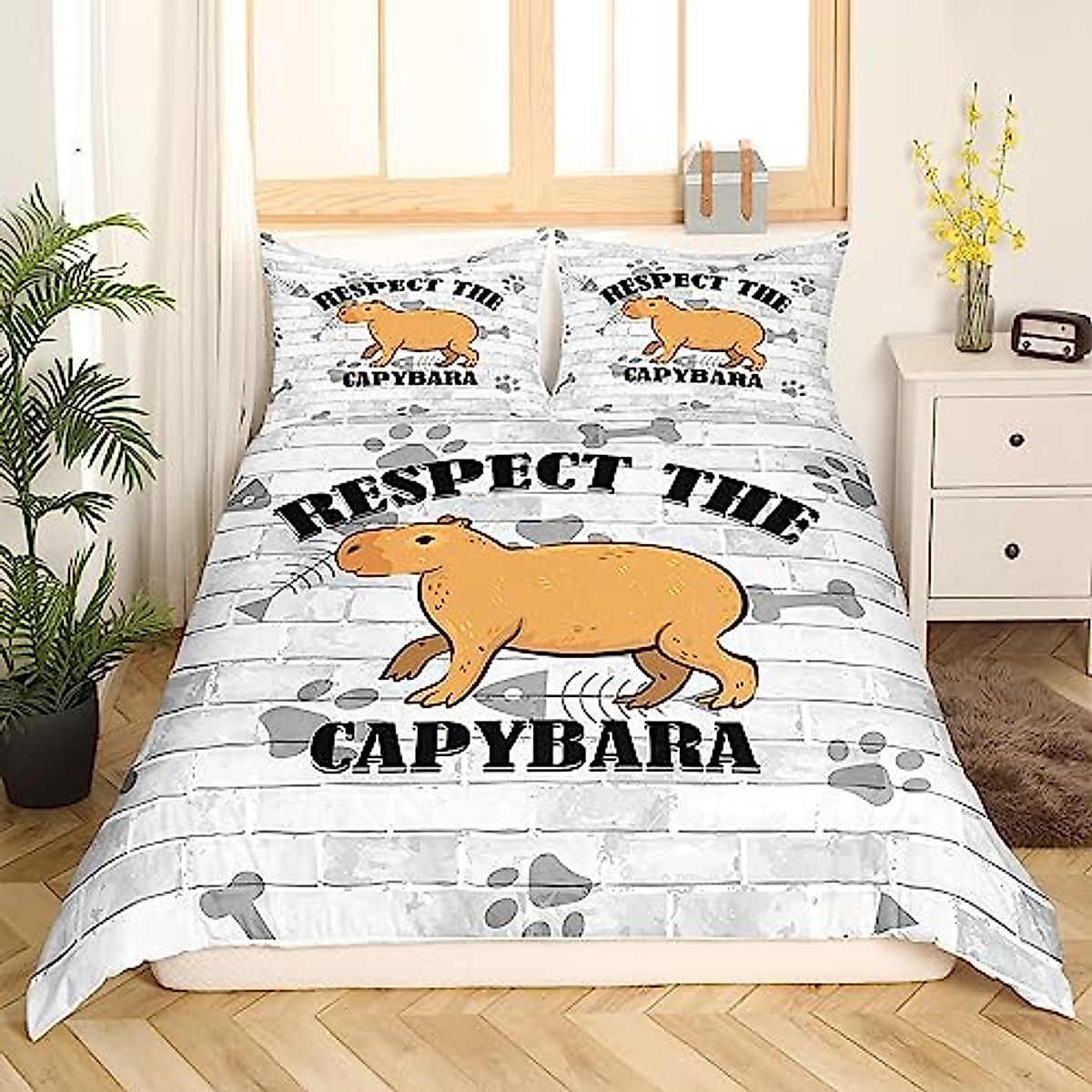 Erosebridal Capybara Bedding Set for Toddlers Girls Boys Bedroom, Funny Pet Animal Duvet Cover Capybara Claw Footprint Comforter Cover Vintage Woodern Style Bed Set 3 Pieces, Full