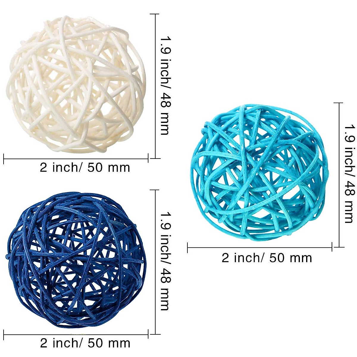 zorpia 15pcs 2 Inch Wicker Rattan Balls for Vase Filler, House Ornament, Christmas Tree Garden Wedding Party Coffee Table Decoration,Craft DIY (Blue Light-Blue White)