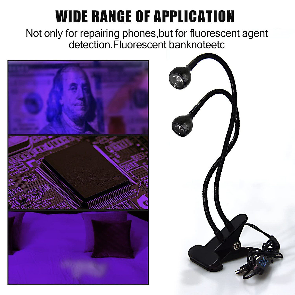 EUGOBRTEN 3W 395NM USB LED Black Light with Clamp, Flexible 360 Degree Gooseneck, Portable Adjustable Purple Lamp for Fluorescent Pattern, Background Light