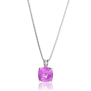 MAX + STONE 925 Sterling Silver 8mm Cushion Cut September Birthstone Created Pink Sapphire Solitaire Pendant Necklace for Women with 18 inch Box Chain