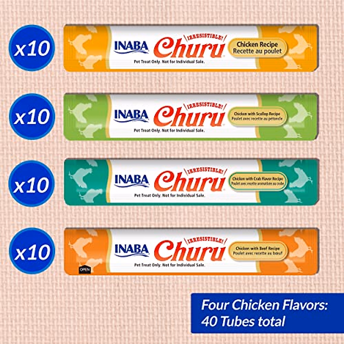 INABA Churu Cat Treats, Grain-Free, Lickable, Squeezable Creamy Purée Cat Treat/Topper with Vitamin E & Taurine, 0.5 Ounces Each Tube, 40 Tubes, Chicken Variety Box