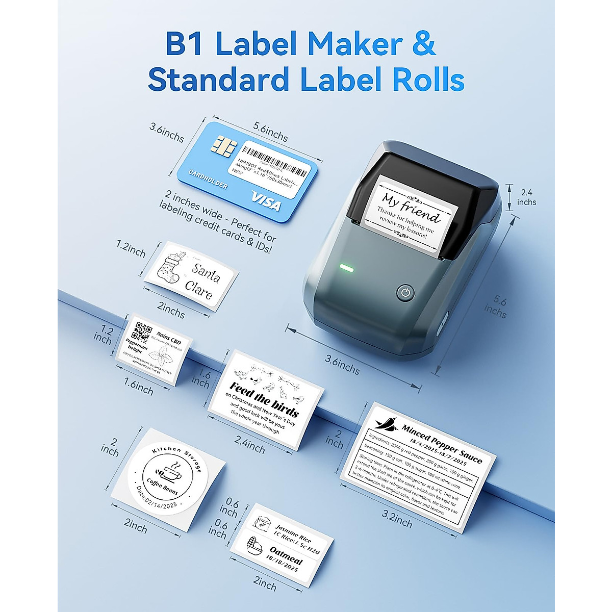 NIIMBOT B1 Label Makers, 2 Inch Bluetooth Label Maker with Auto Identification, Portable Label Printer Easy to Use for Office, Home, Business (with 1.96x1.18 inch Label Tape)