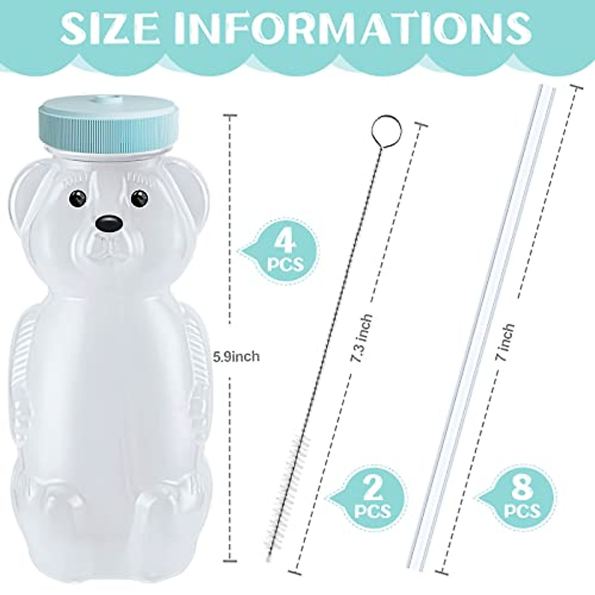 4 PCS Honey Bear Straw Cup, Baby Straw Cups with 8 Flexible Straws and 1 Straw Brushes, 8oz Special Supplies Juice Bear Bottle for Infant Feeding, Drinking Needs of Those with Poor Oral Health (Blue)