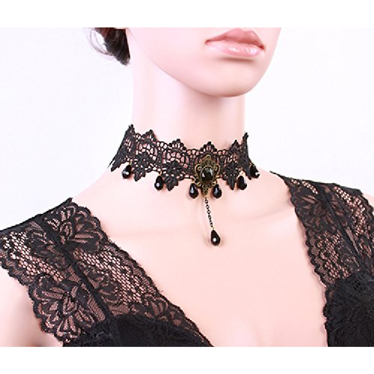Charm.L Grace Black Lace Gothic Lolita Pendant Choker Necklace Earrings Set