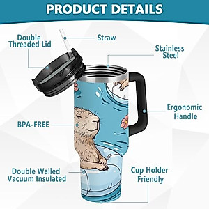 Selerdon 40 oz Tumbler Capybara Float with Handle and Straw Lid Vacuum Stainless Steel Insulated Water Bottle Travel Mug Car Cup Holder Friendly BPA Free for Gym Travel Office