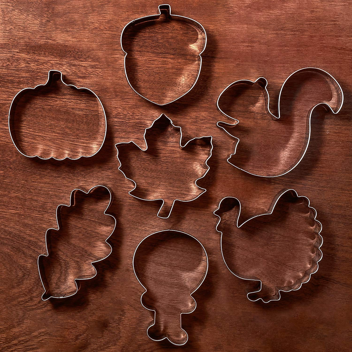 LILIAO Fall Thanksgiving Cookie Cutter Set, 7 Piece, Pumpkin, Turkey, Maple Leaf, Oak Leaf, Turkey Leg, Squirrel and Acorn Biscuit Cutters, Stainless Steel