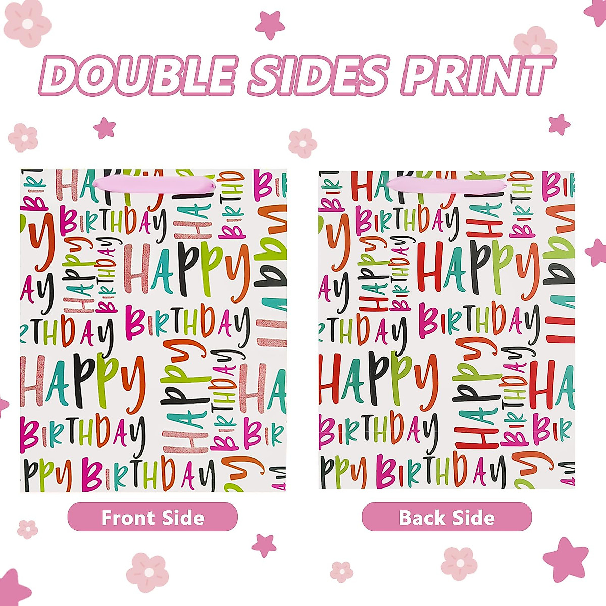 OFIHANLY 12.5" Medium Happy Birthday Gift Bag with Handles for Women,Paper Gift Bags for Her,Girls Kids Baby Shower Pink Paper Bag with Tissue Paper,1Pcs